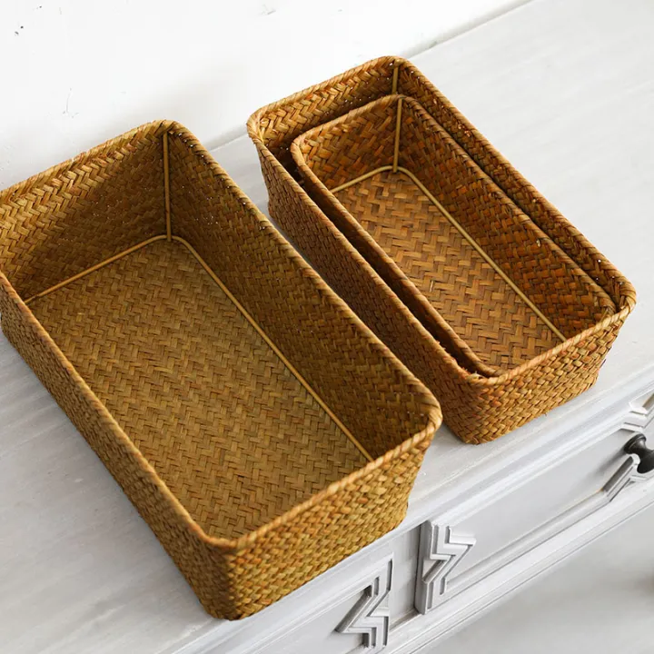 Kens Long Woven Grass Storage Basket Slanted Body Miscellaneous Storage ...
