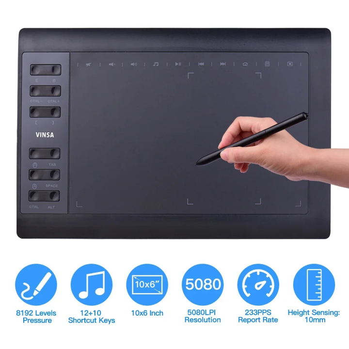 10x6 Inch Professional Graphics Drawing Tablet 12 Express Keys with for ...
