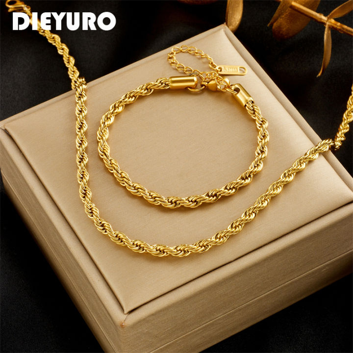 Dieyuro 316L สร้อยคอสแตนเลสสตีลสีทองสร้อยข้อมือสำหรับผู้หญิงแฟชั่นไม่ซีดจางเครื่องประดับชุด ...