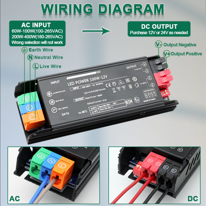 LED lighting transformer AC100-265V to DC 12V 24V driver 100W 200W 300W ...