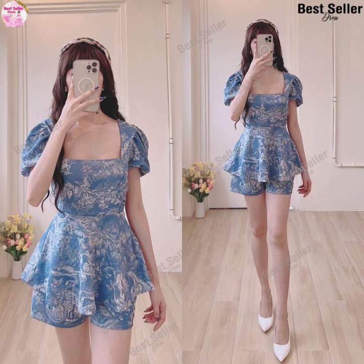 BSD Best seller Abby (S-XXL)Puff Sleeves Top and shorts Plain Fabric ...