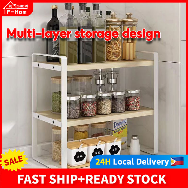 Kitchen Spice Storage Rack 3 Layers Condiment Storage Rack Wood ...