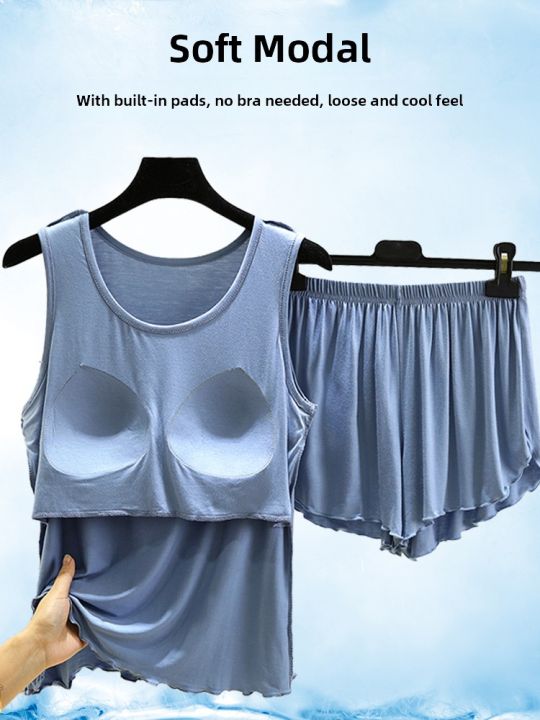 Casual Modale Tank Top And Shorts Set with Chest Pad Strap Vest Summer ...