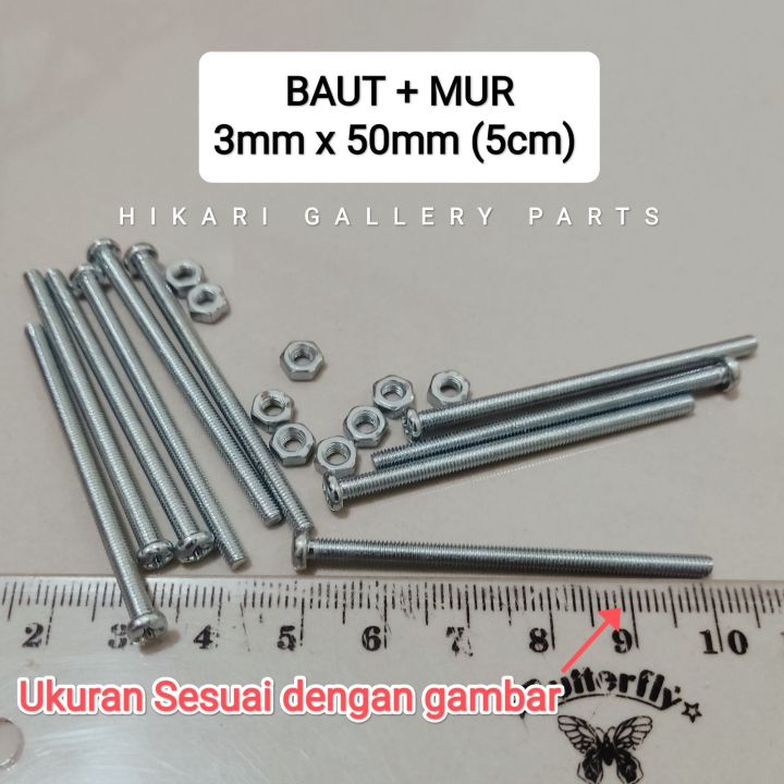 [10 SET] BAUT + MUR Size 3mm x 50mm / diameter 3mm panjang 5cm / Baut JP + mur M3 isi 10Set ...