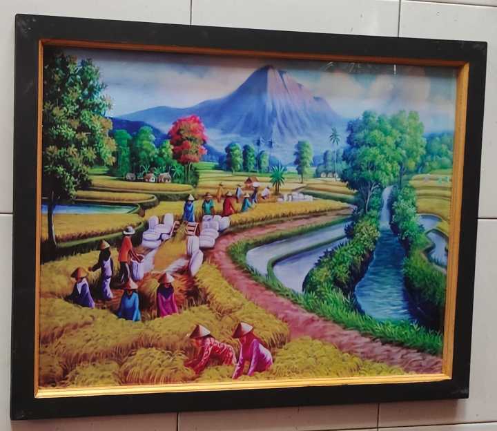 hiasan dinding lukisan cetak pemandangan gunung & sawah plus figura ukuran 65x45 | Lazada Indonesia