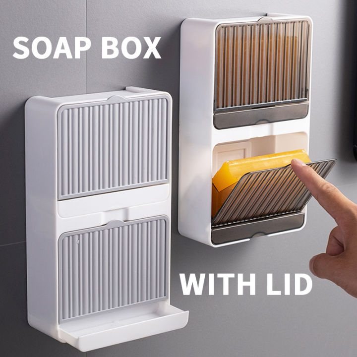 No Drill Soap Holder Organizer with Drain and Cover Wall Mounted Soaps ...