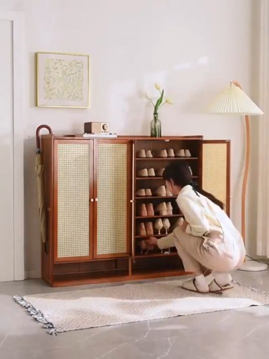 Shoe Cabinet Rattan Door Multi-Layer Large Capacity Shoe Rack French ...