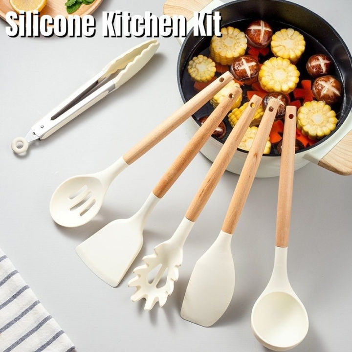 Wooden Handle Silica Gel Spatula High Temperature Pot Spatula Home ...