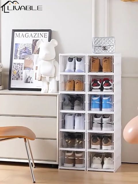 LIVABLE Big Size Shoe Box 6 Layers Folding Storage Shoe Rack Organizer ...