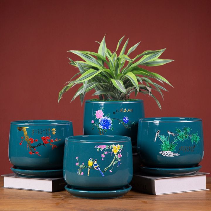 nordic style flower Four Gentlemen pot ceramics with tray green siddy ...