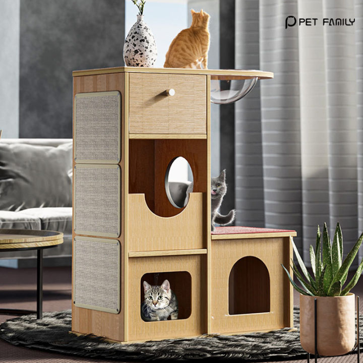 PetFamily Solid Wood Double Layer Multi-Cat House Summer Universal Cat ...