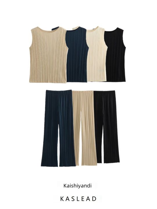Kaslead ใหม่ ผู้หญิง แฟชั่น พลีท แขนกุด เสื้อยืดขาตรง กางเกง ชุด ฤดู ...