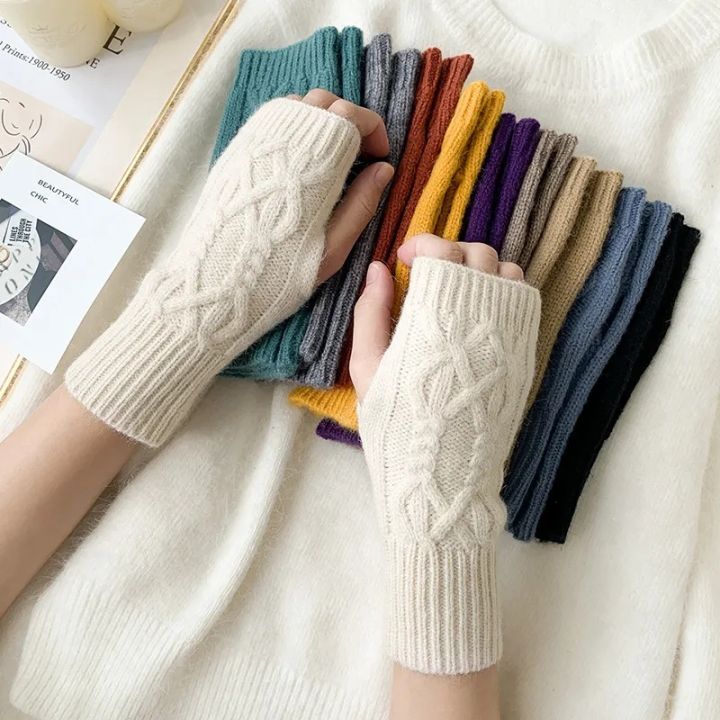Autumn Winter Half-Finger Gloves Women Warm Wool Knitted Fingerless ...