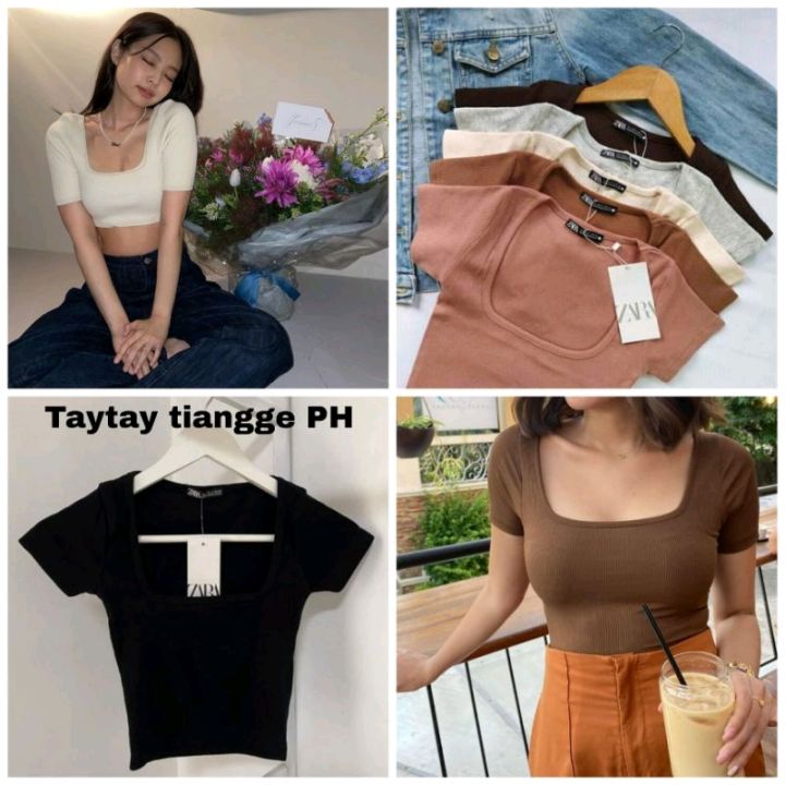 Zara Square Neck Rib-Knit Crop Top With Tag and Etikita | Lazada PH