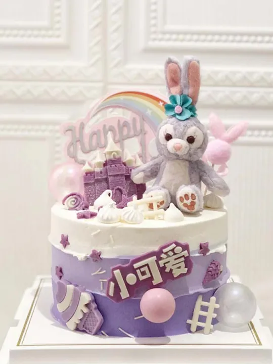 Birthday Cake Decoration Purple Rabbit Princess Rainbow Plug-In Crochet ...