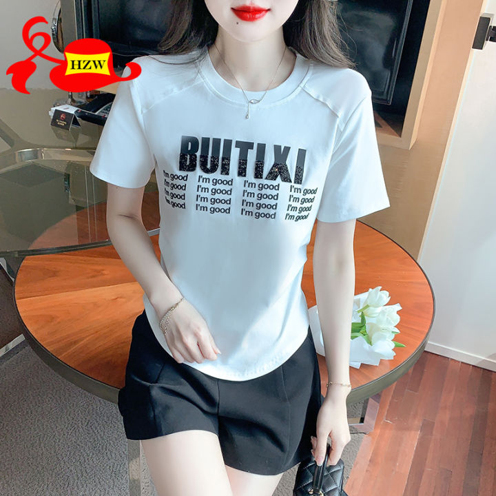 HZW 2023ใหม่รุ่นเกาหลีแขนแขนสั้นคอกลมประดับเพชรปักเลื่อมของผู้หญิงเสื้อยืดอเนกประสงค์ลำลองสำหรับ ...