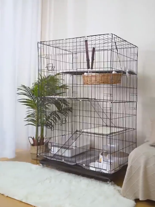 Sturdy Multi-Level Foldable Cat Cage with Wheels and Lock System, Large ...