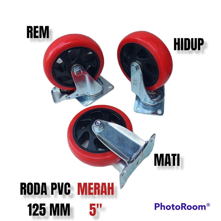 RODA TROLI TROLEY PVC MERAH 5" 5 INCH 125 MM REM HIDUP MATI HEAVY DUTY ...