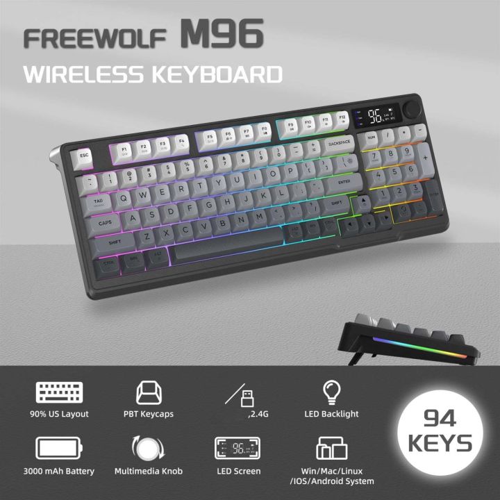 Freewolf M96 Wireless Gaming Keyboard, Knob Control BT/2.4g, RGB LED ...