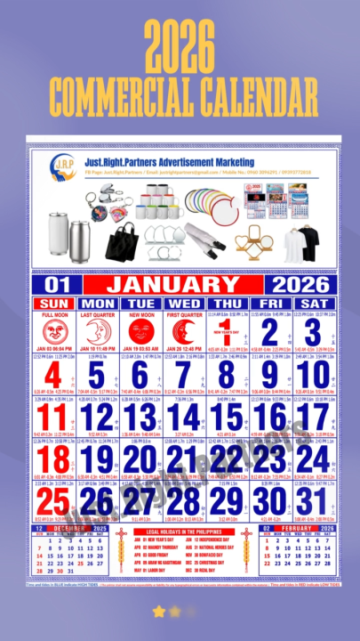 2026 Commercial Calendar; Long OR A3 with High and Low Tides; with ...