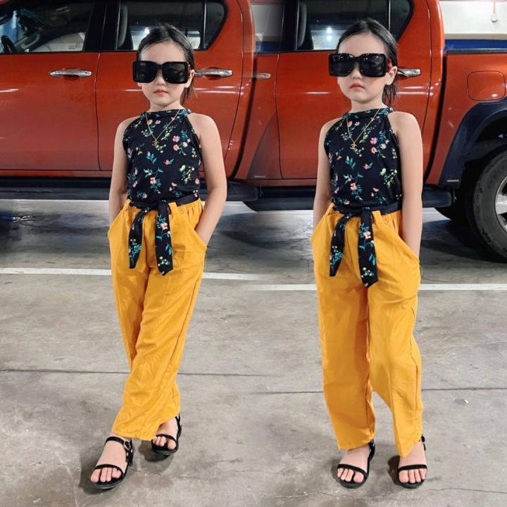 Printed halter trouser terno for kids girl (top,pants,belt) | Lazada PH