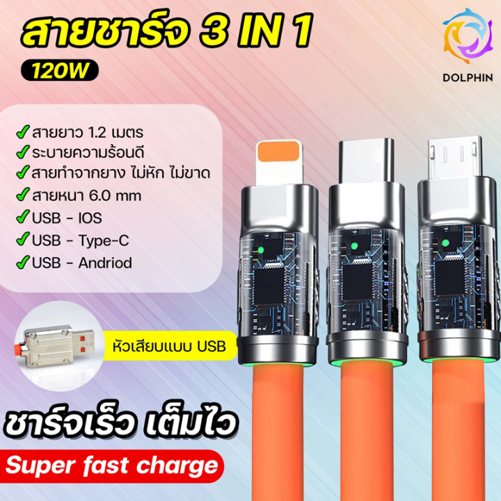สายชาร์จ สายชาร์จเร็ว สายโทรศัพท์มือถือซิงค์อัลลอยไมโคร สายซิลิโคน 120วัตต์ USB สายชาร์จได้ไว ...