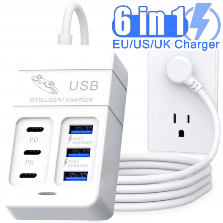 🚀🔥US EU UK Plug 6Ports Multiport USB Charger 35W PD Type-C Mobile Phone ...