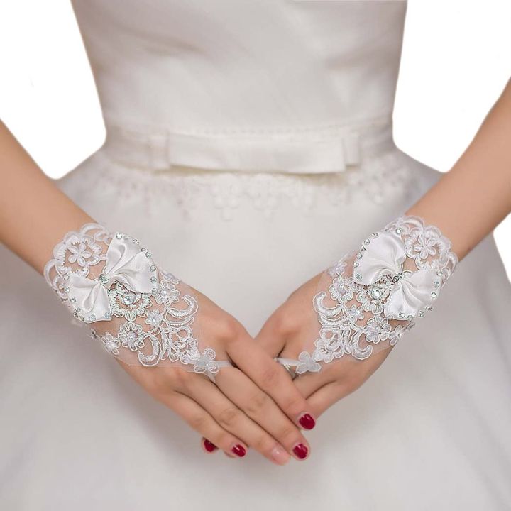 Women's Wedding Gloves Fingerless Lace Glove Bridal White Bow Gloves ...