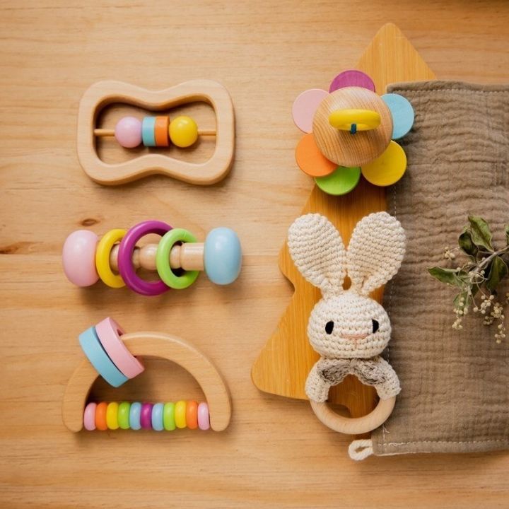 Baby Crochet Wooden Rattle 5 Pieces Set Sensory Rattle Infant Toys ...