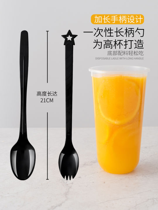 100 PCs Disposable Long Spoon Stirring Long Grass Jelly Milk Tea ...