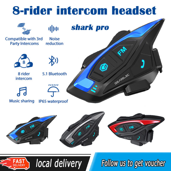 🦈 GEARELEC Shark Pro Bluetooth 5.1 Motorcycle Helmet Intercom 8 Riders ...