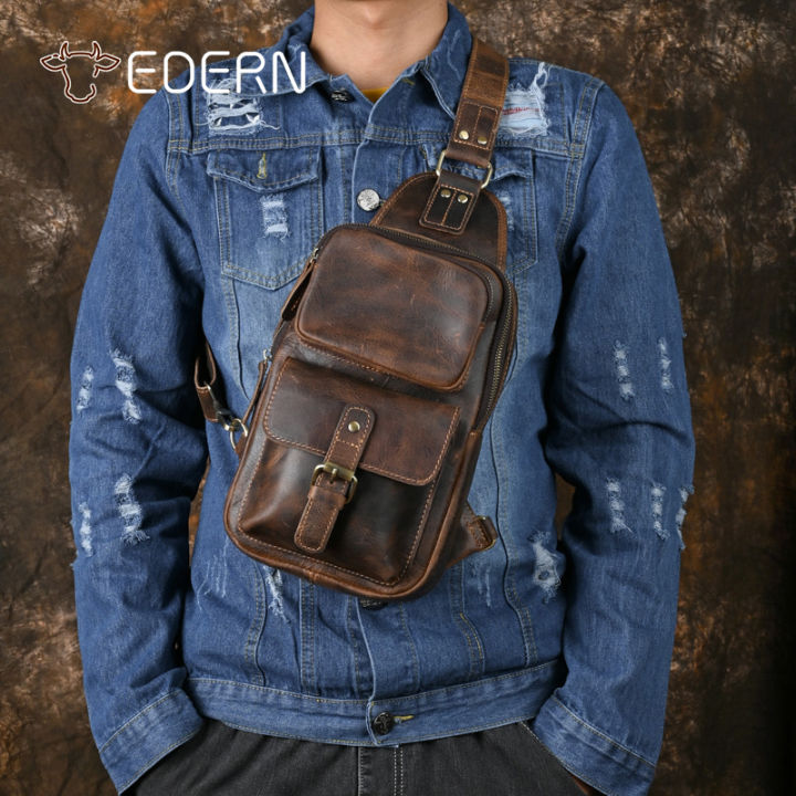 EDERN Retro Genuine Leather Chest Bag for Men Large Capacity Cowhide ...