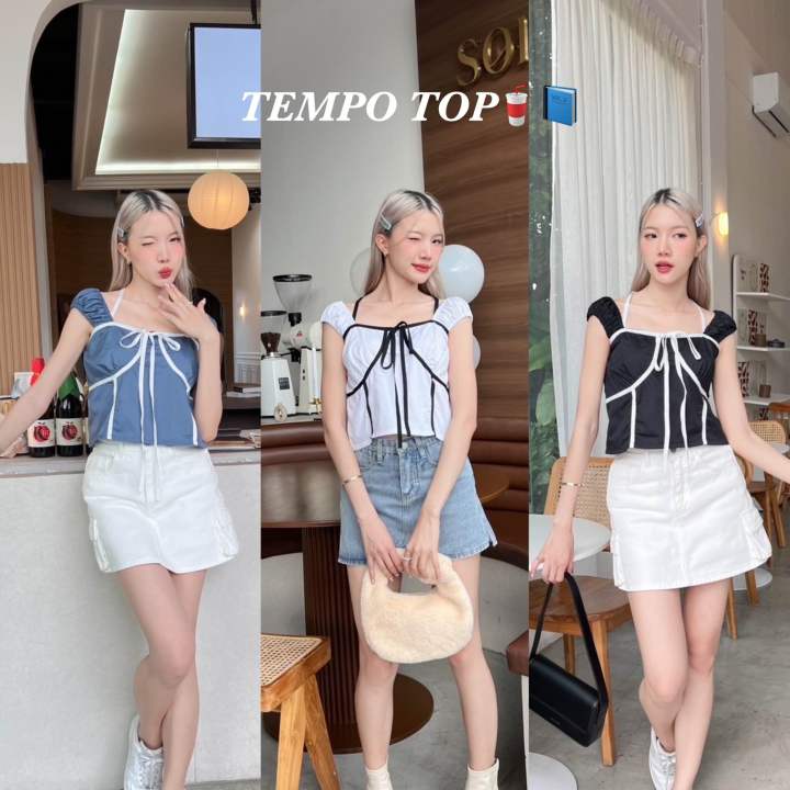 TEMPO TOP พร้อมส่ง เสื้อครอปแขนตุ๊กตา คล้องคอ แต่งริมแถบผูกโบว์น่ารักๆ ...