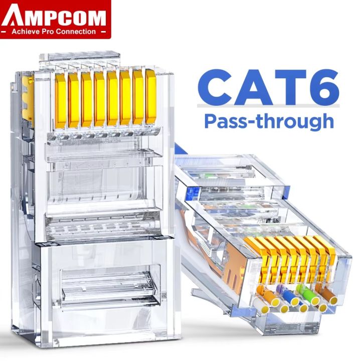 AMPCOM RJ45 Connector Pass Through CAT6 CAT5E Modular Plug Network Ends ...