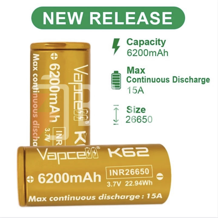 Pin sạc 26650 mới 100% Vapcell INR-26650 K62 6200mAh 15A/20A 3.7V 4.2V ...