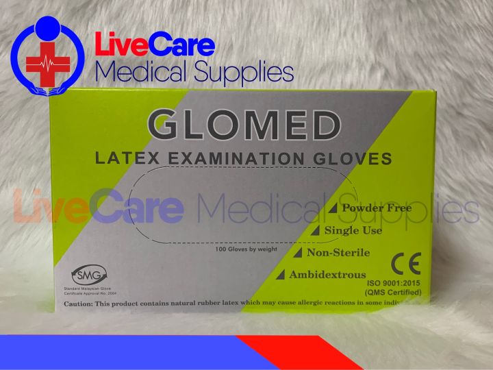 GLOMED Latex Examination Gloves; Powder Free; Non-Sterile; Ambidextrous; 100pcs by weight; ISO ...
