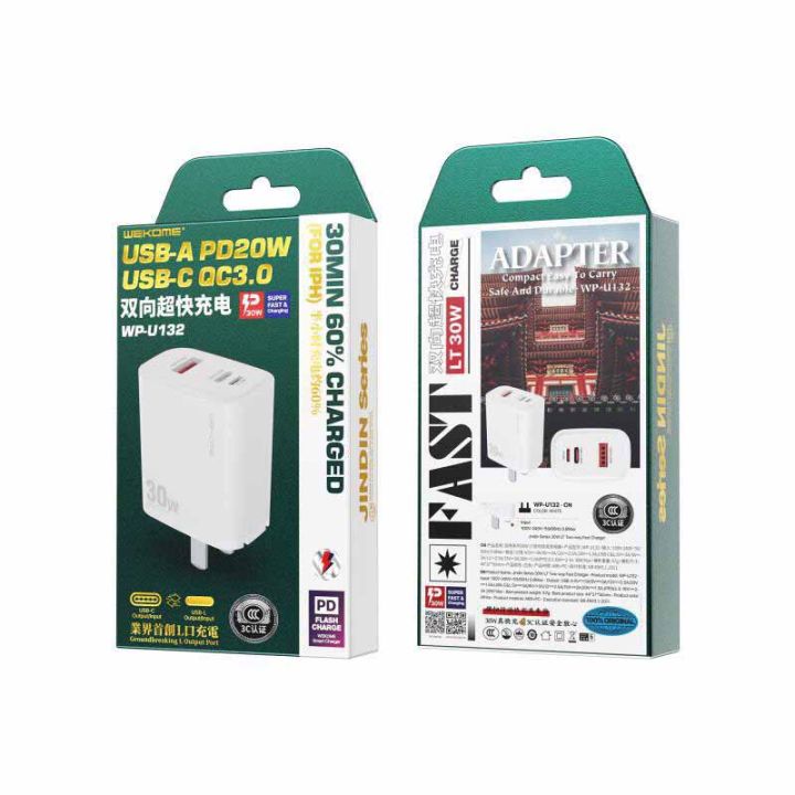 Củ sạc nhanh 30w Wekome WP-U132 có 3 cổng USB - Type-C - Lightning chân ...