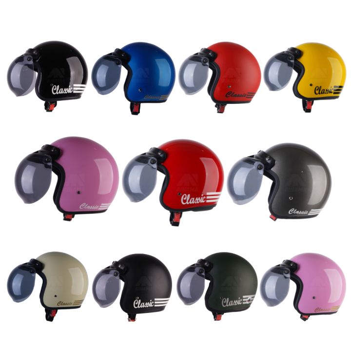 Helm Helem Bogo Retro Klasik Classic Garis Tiga Polos Kaca Bubble Smoke ...