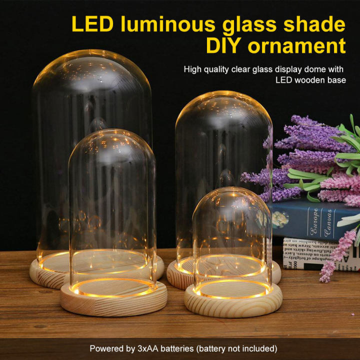 【In Stock】Clear Glass Dome Cloche with Wooden LED Lights Base Glass ...