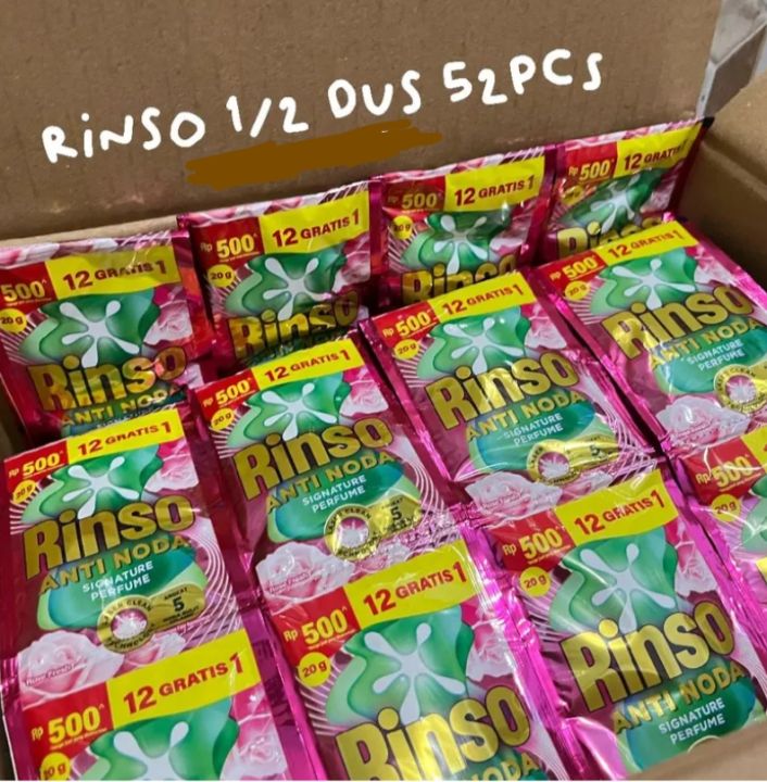 DETERGEN CAIR RINSO SACHET 20ML HARGA 1/2 DUS ATAU KARTON ISI 52 PCS ...