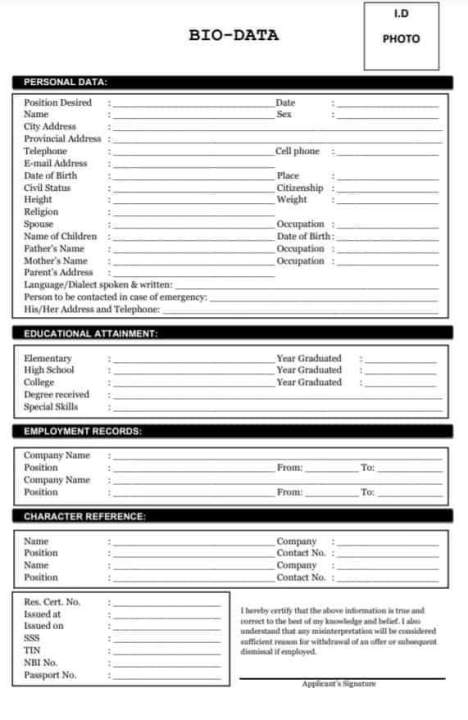 Bio-data Form /Job Application Form/ Resume Pack of 100 sheets | Lazada PH