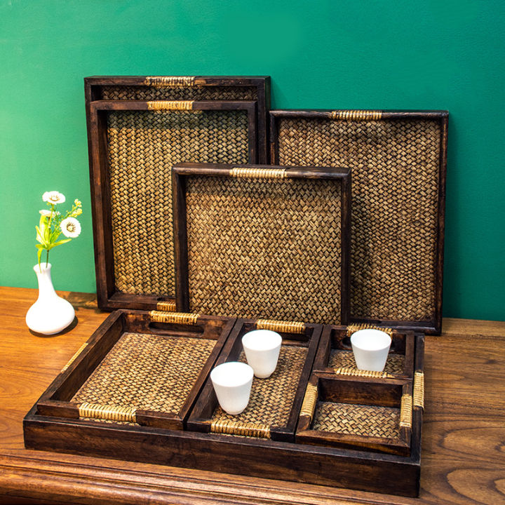 Thailand Solid Wood Rattan Tray Rectangular Household Tea Cup Retro ...