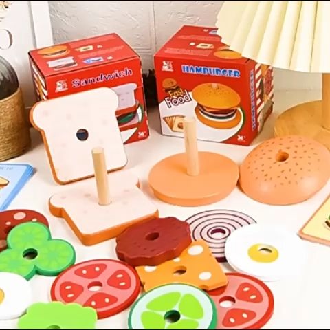 Stacking Burger Sandwich Toy Wooden Montessori Toy for kids Role Play ...