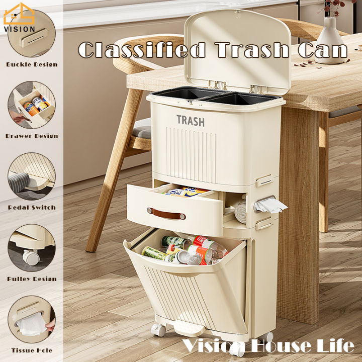 Vision 2/3 Layers Garbage Sorting Trash Can Movable Dry-Wet Sorting Bin ...