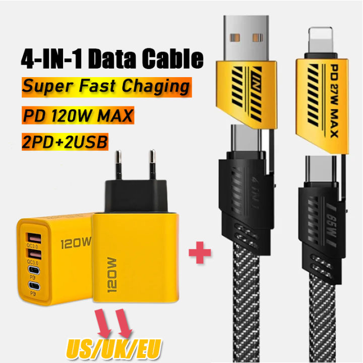 PD120W 2PD+2USB Fast Charging Head+4-IN-1 USB Quick Charger Dual Type C ...