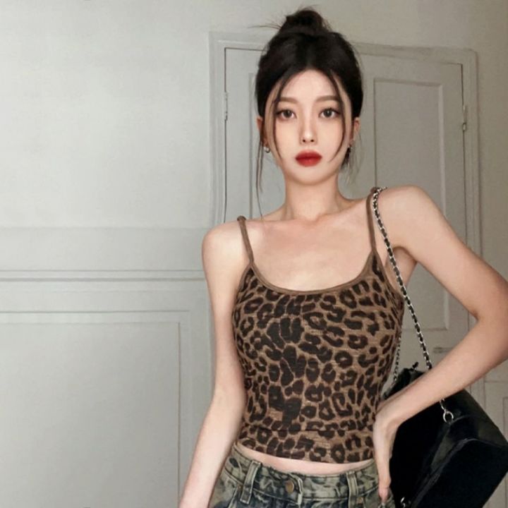 BUJIG 🌈 พร้อมส่ง 🌈เสื้อครอปท็อป แขนกุด ลายเสือดาว สไตล์อเมริกัน Y117 ...