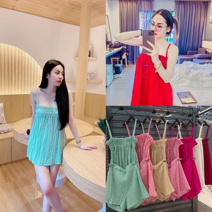 🌈 Sanook.shop 🌈งานเซ็ทสายเดี่ยว+กางเกง ผ้าหย่น | Lazada.co.th