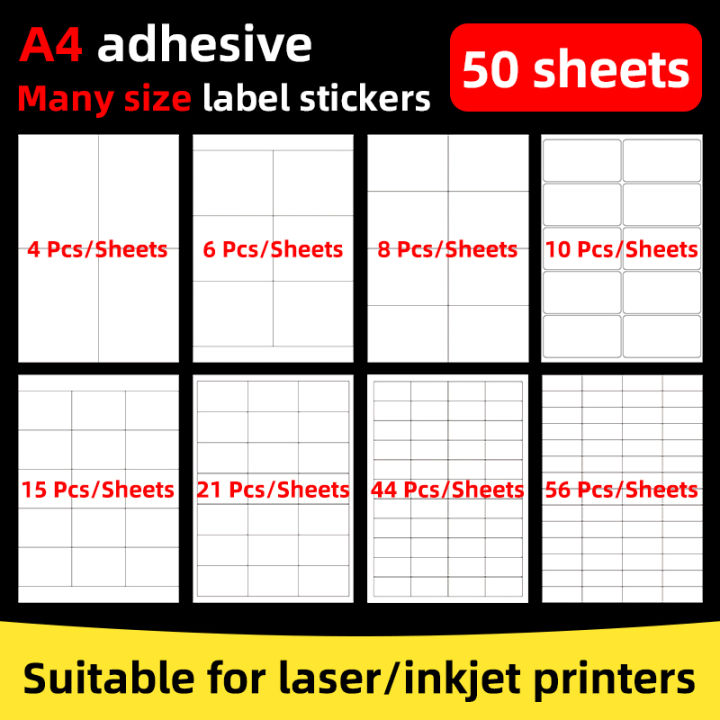 50 Sheets of A4 Matte Self-Adhesive Label Stickers, Each Sheet Contains ...