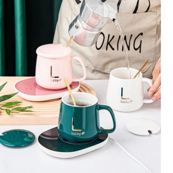 RY - Mug gelas keramik huruf inisial lucky + penghangat listrik / set ...