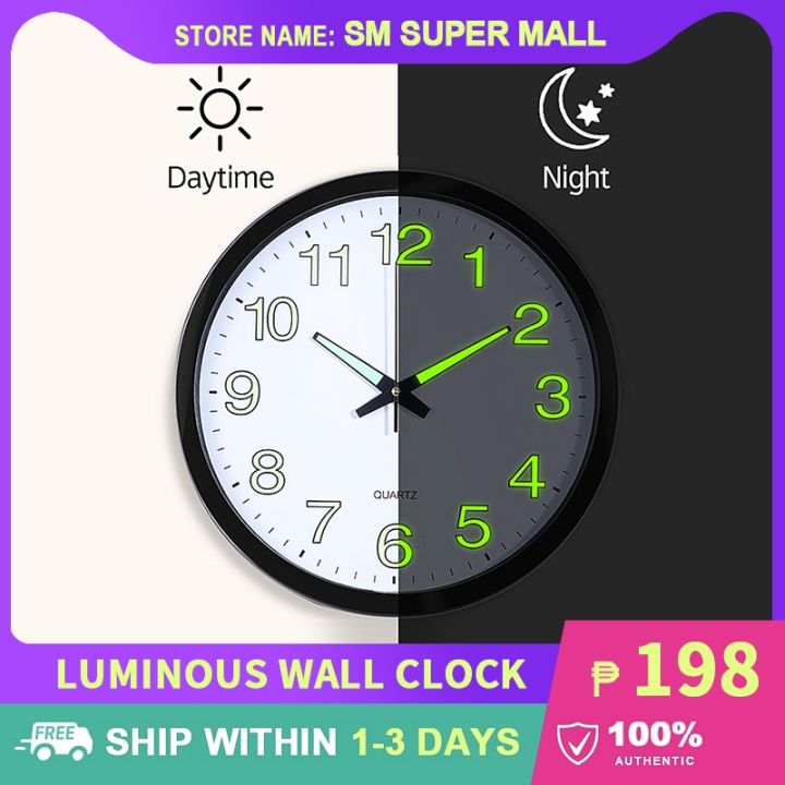 【Fashion】12" Luminous Wall Clock Glow In The Dark with Night Light ...